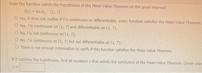 Solved Does the function satisfy the hypotheses of the Mean | Chegg.com