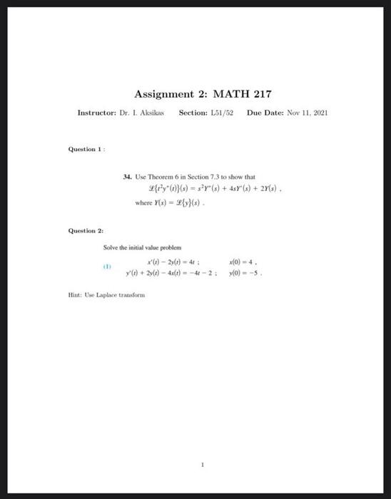 Solved Assignment 2: MATH 217 Instructor: Dr. I. Aksikus | Chegg.com