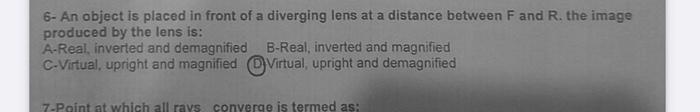 Solved 6- An object is placed in front of a diverging lens | Chegg.com