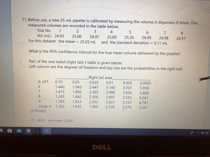 Solved 11. Before use, a new 25-ml pipette is calibrated by | Chegg.com