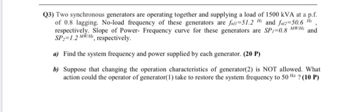 Solved Q3) Two synchronous generators are operating together | Chegg.com