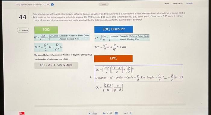 Solved Mid Term Exam- Summer 2023-Ci 44 00:41:06 Mc Graw Q* | Chegg.com