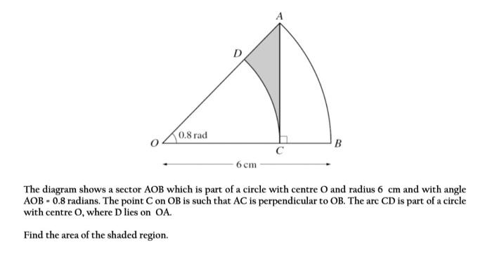 Solved D 0.8 rad B с 6 cm The diagram shows a sector AOB | Chegg.com
