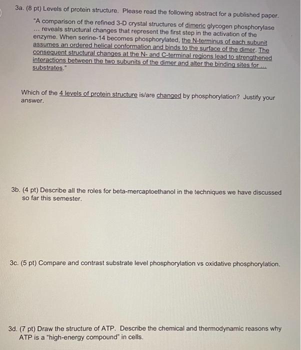 Solved 3a. ( 8pt) Levels of protein structure. Please read | Chegg.com