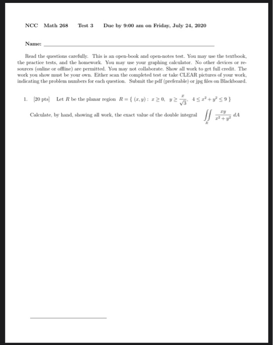 NCC Math 268 Test 3 Due by 9:00 am on Friday, July | Chegg.com