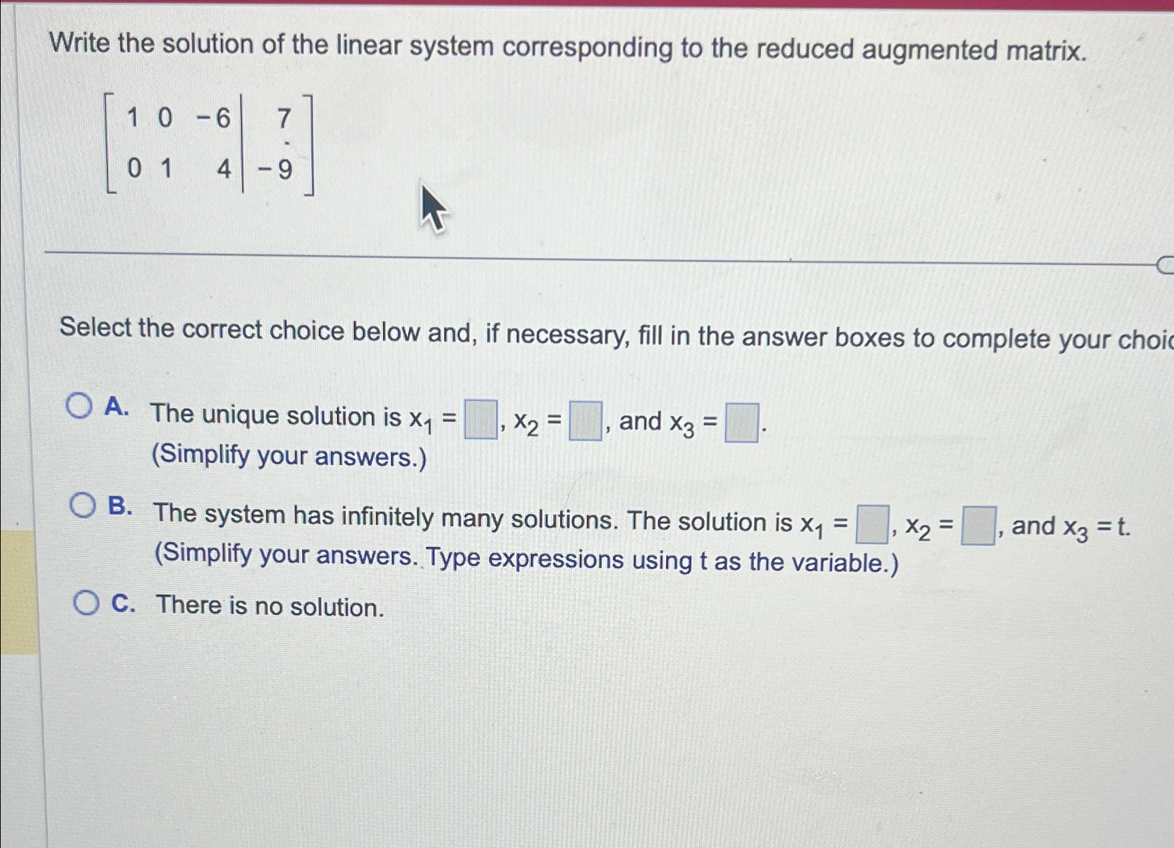 Solved Write the solution of the linear system corresponding | Chegg.com