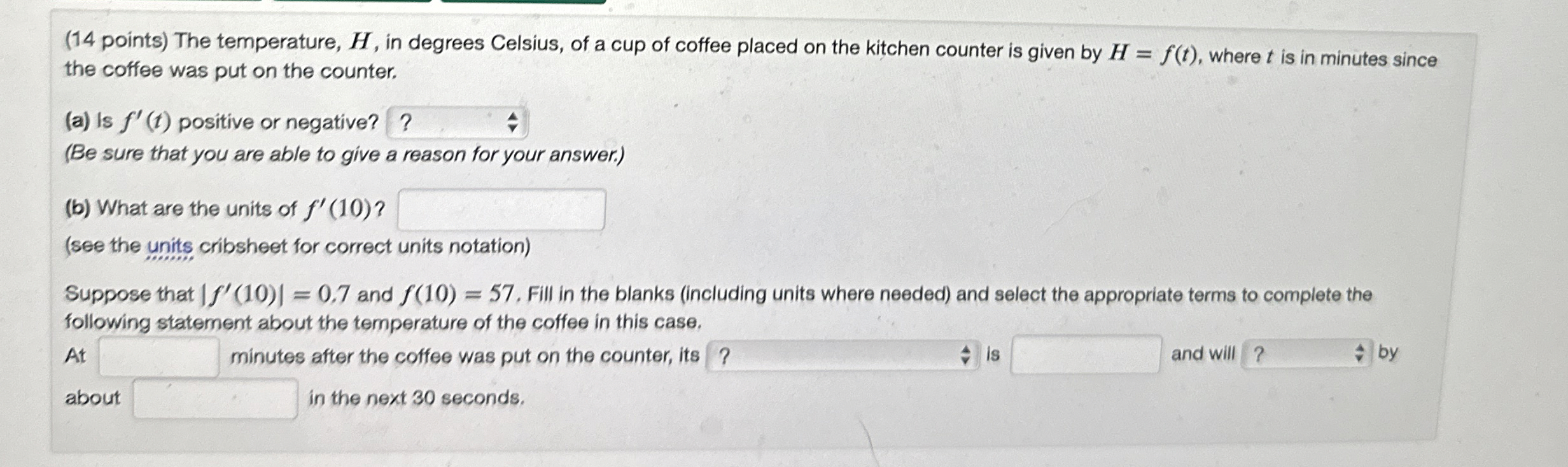 Solved (14 ﻿points) ﻿The temperature, H, ﻿in degrees | Chegg.com