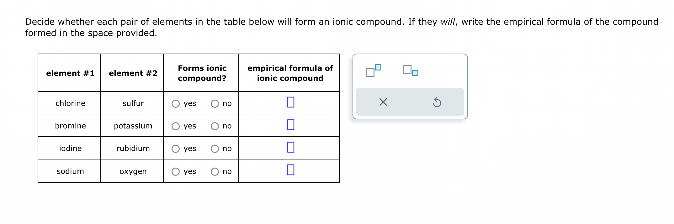 Solved Decide whether each pair of elements in the table | Chegg.com