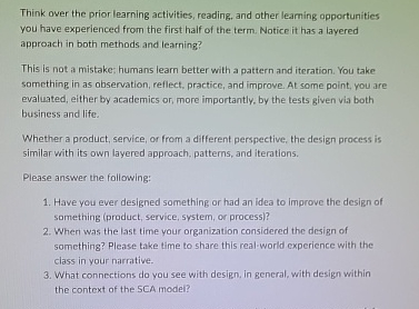 Solved Think over the prior learning activities, reading. | Chegg.com
