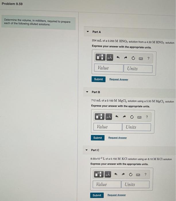 Solved Problem 9.59 Determine the volume, in milliliters, | Chegg.com