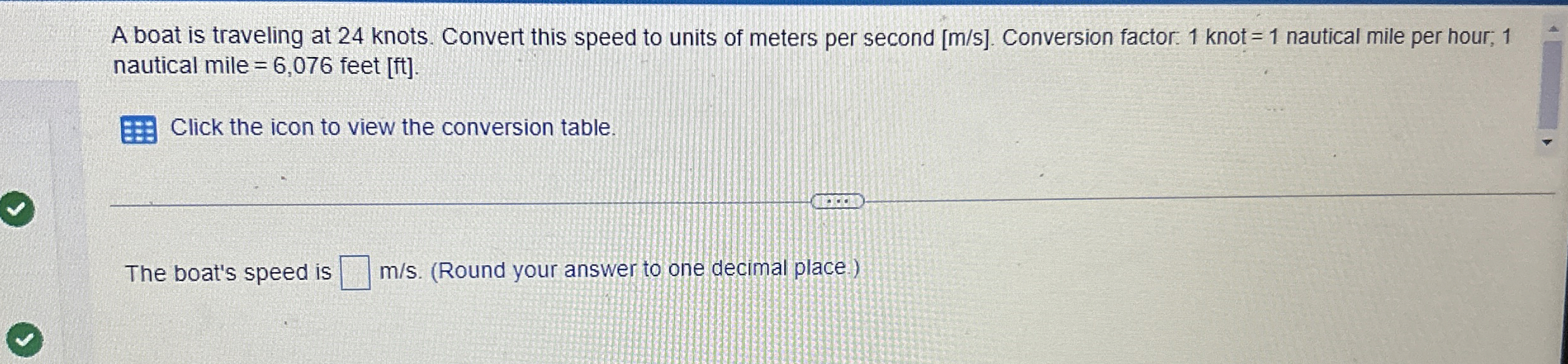 Solved A boat is traveling at 24 ﻿knots. Convert this speed | Chegg.com