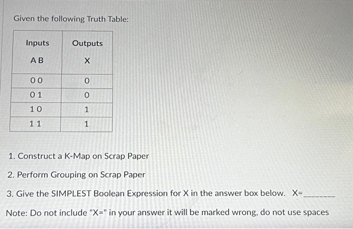 Given the following Truth Table: 1. Construct a K-Map | Chegg.com