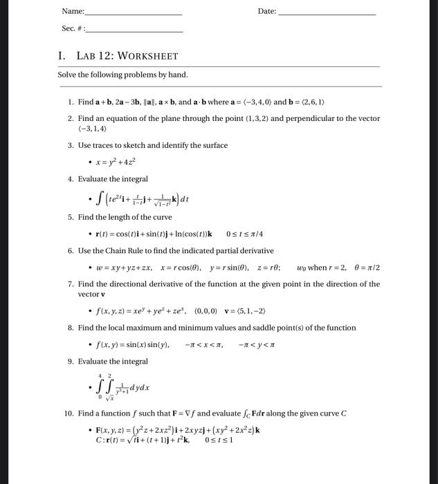 Name: Sec. #: I. LAB 12: WORKSHEET Solve the | Chegg.com