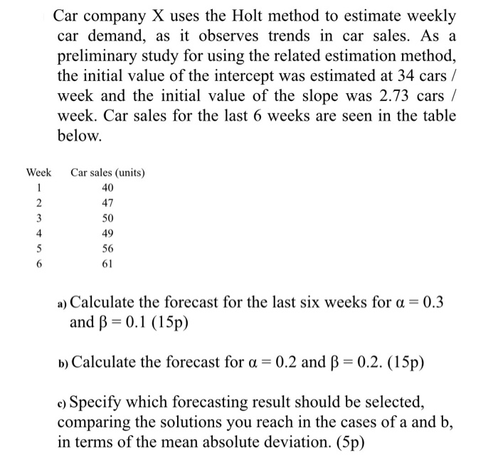 Solved Car company X uses the Holt method to estimate weekly | Chegg.com