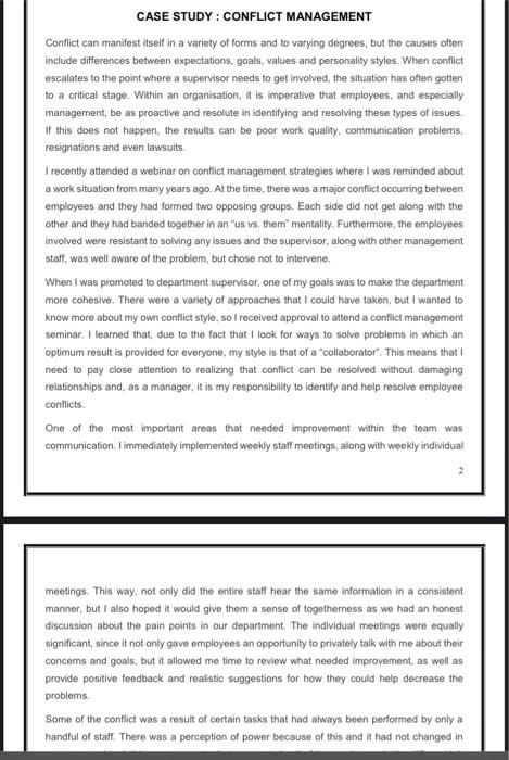 Solved CASE STUDY: CONFLICT MANAGEMENT Conflict can manifest | Chegg.com