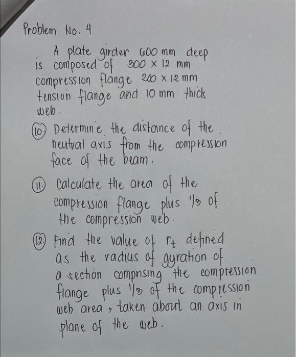 Solved Problem No. 4 A plate girder 600 mm deep is composed | Chegg.com