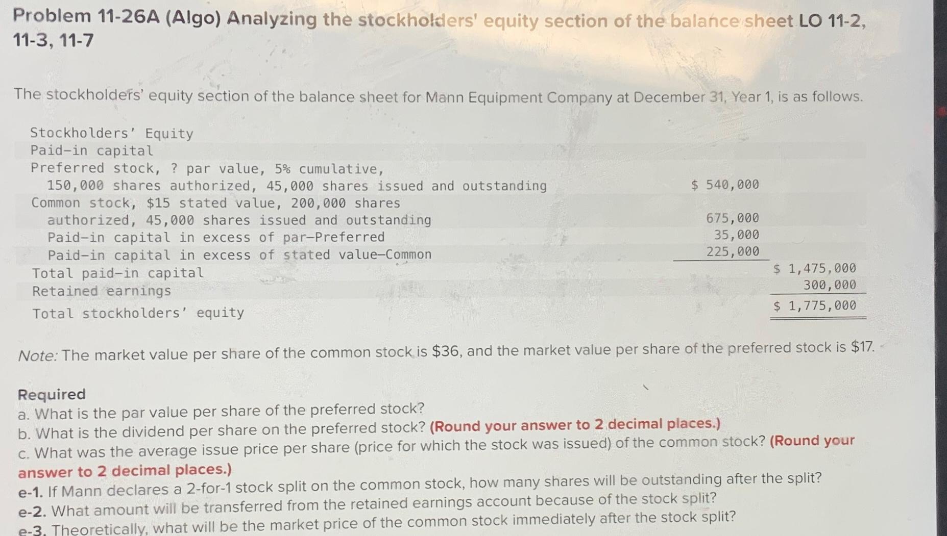 Solved Problem 11-26A (Algo) ﻿Analyzing the stockholders' | Chegg.com