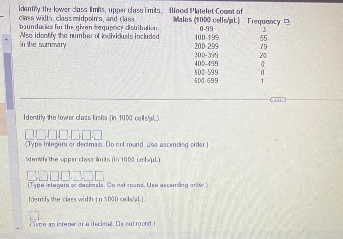 Solved Identify the lower class limits, upper class limits, | Chegg.com