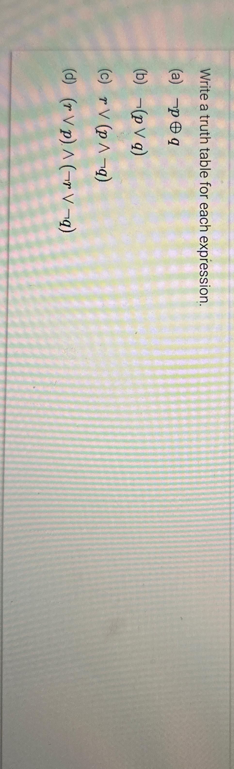 Solved Write a truth table for each expression.Include a | Chegg.com