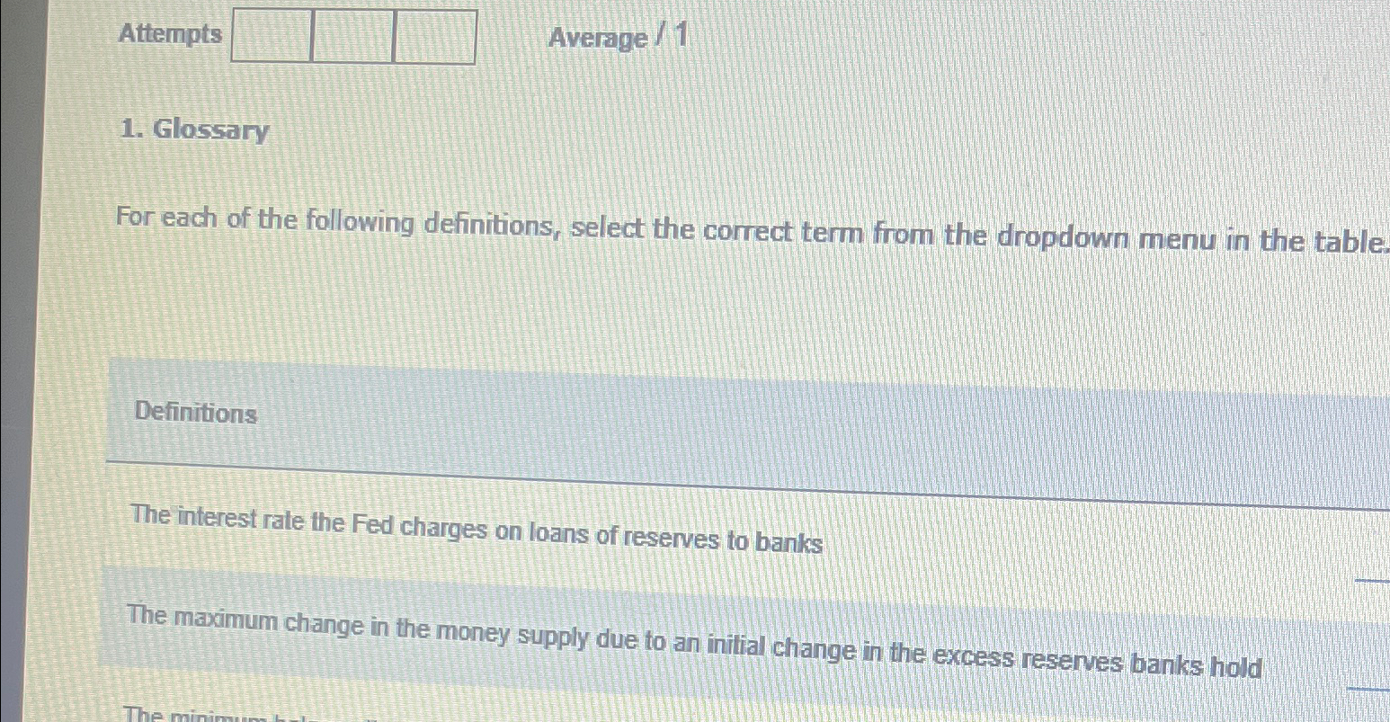 Solved AttemptsAverage / 1GlossaryFor each of the following | Chegg.com