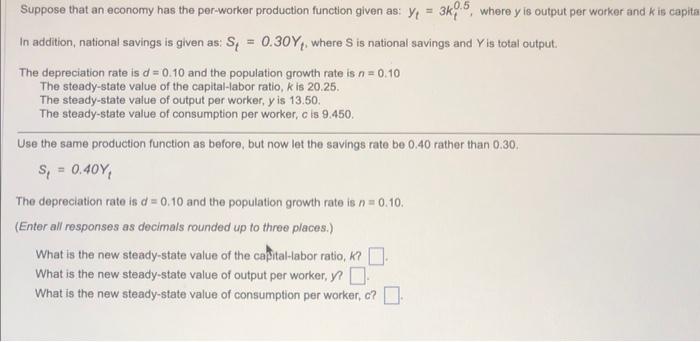 Solved Suppose that an economy has the per-worker production | Chegg.com