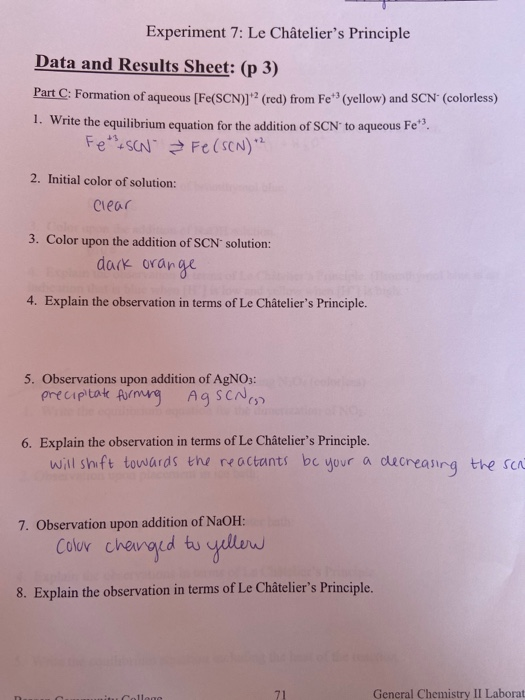 Solved Experiment 7: Le Châtelier's Principle Data and | Chegg.com