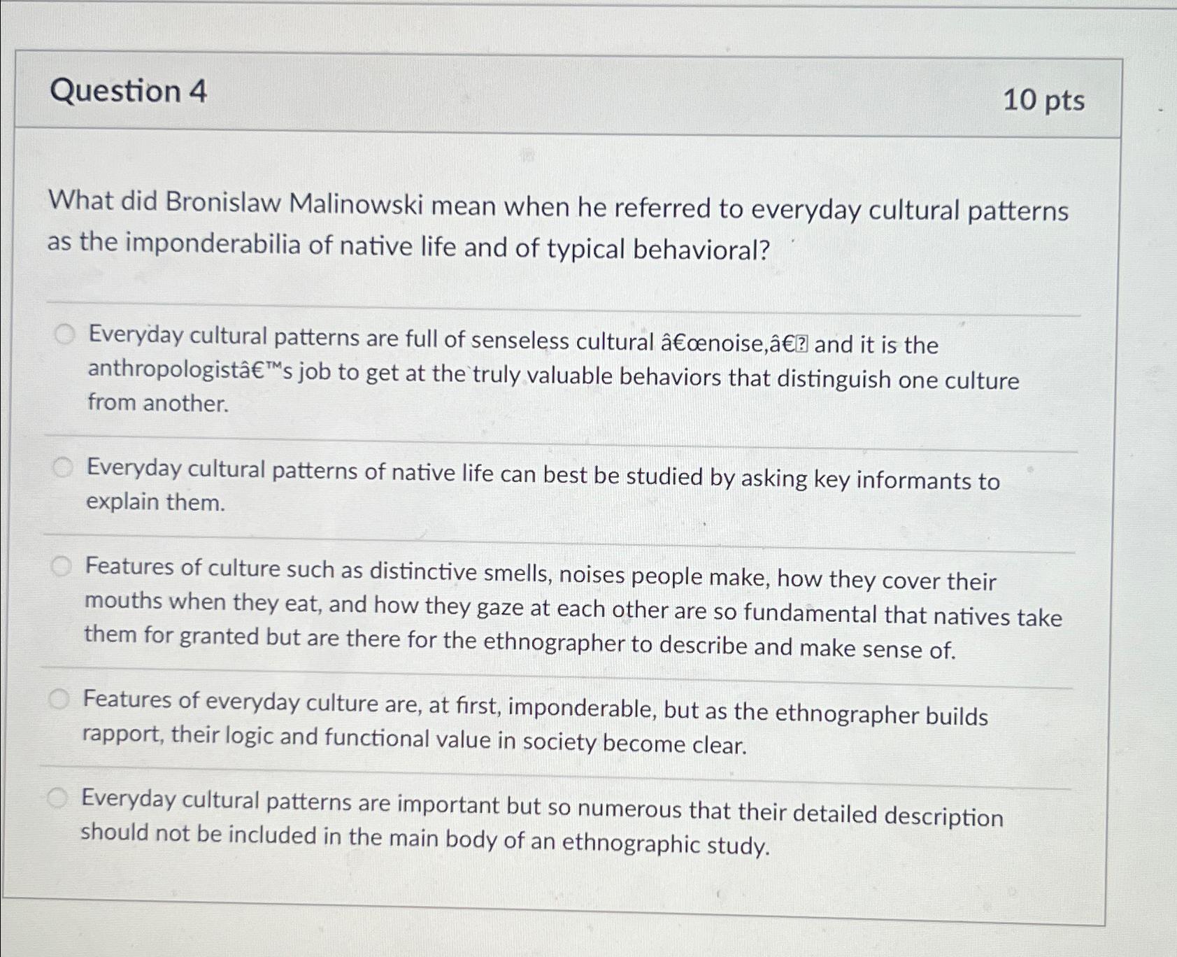 Solved Question 410ptsWhat did Bronislaw Malinowski mean | Chegg.com