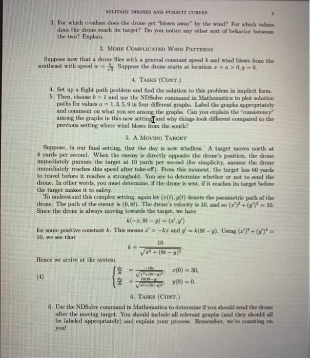 Solved MILITARY DRONES AND PURSUIT CURVES MATH 212 | Chegg.com