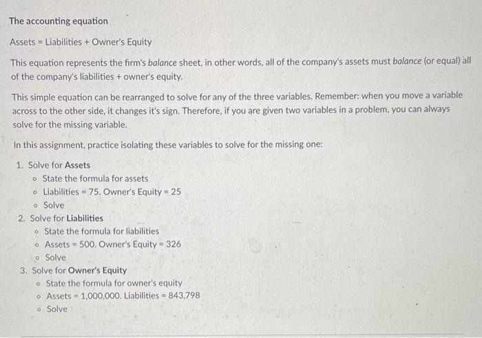 Solved Assets = Liabilities + Owner's Equity This equation | Chegg.com