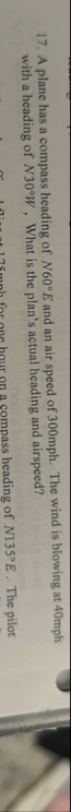 Solved A plane has a compass heading of N60°E ﻿and an air | Chegg.com