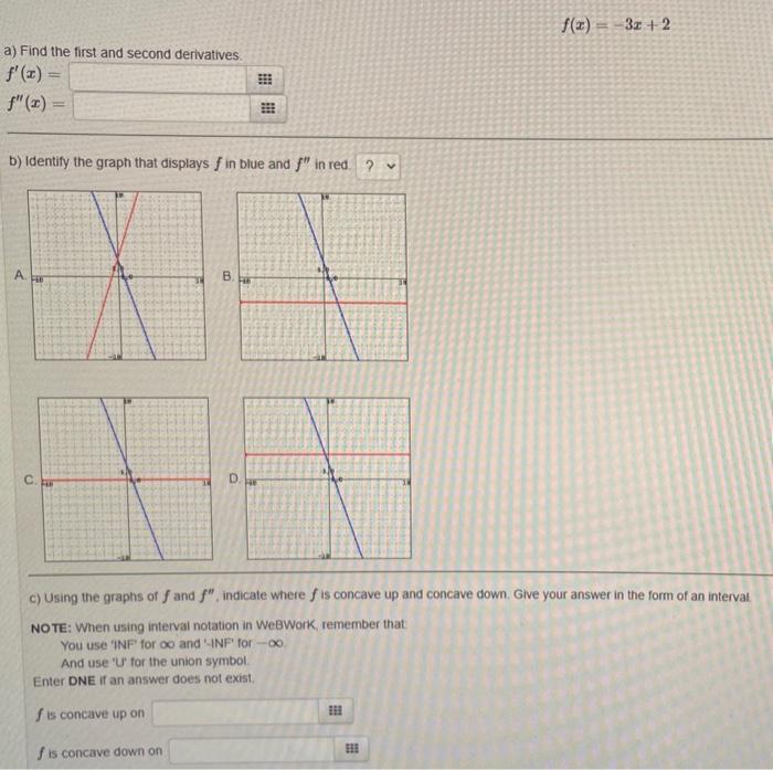 Solved f(x)=−3x+2 a) Find the first and second derivatives. | Chegg.com
