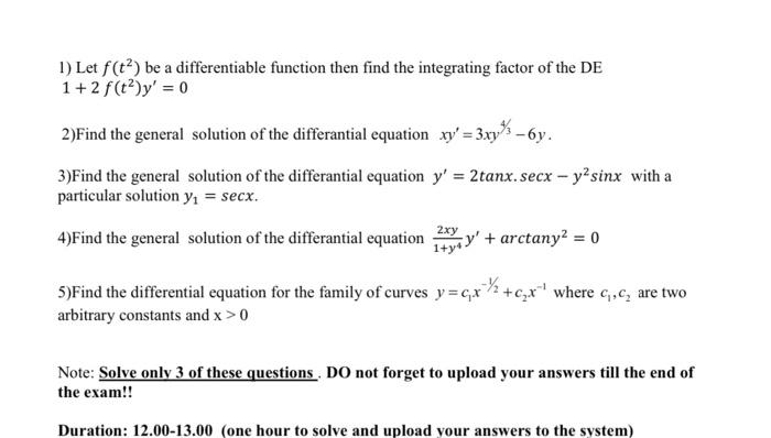 Solved 1) Let f(t2) be a differentiable function then find | Chegg.com