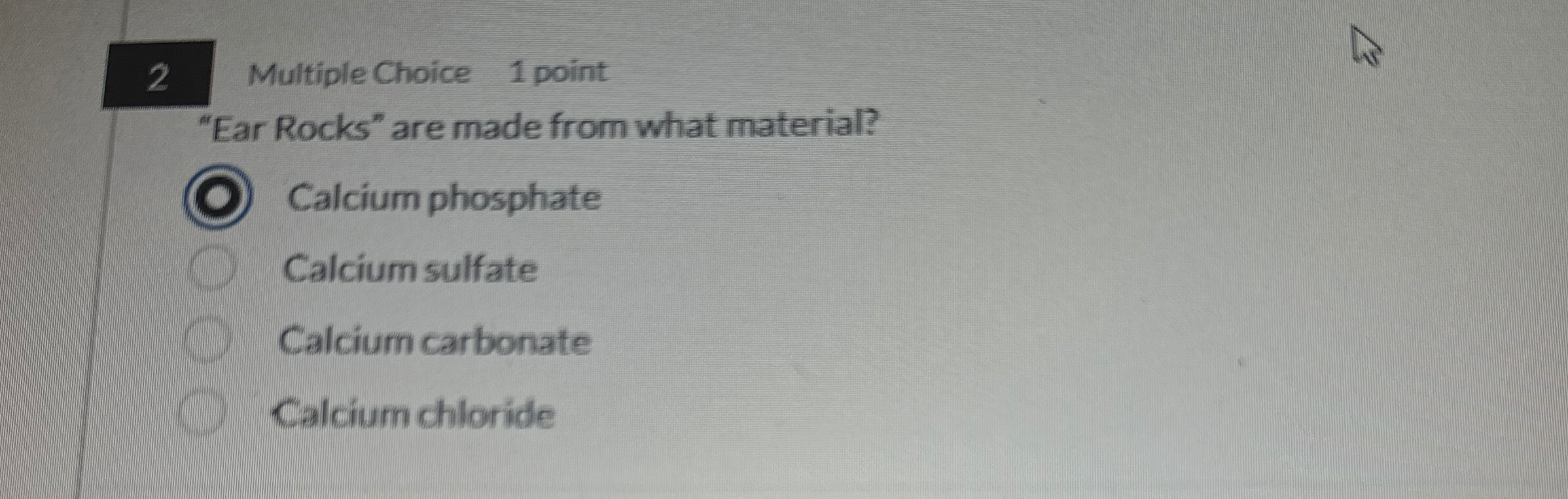 Solved 2Multiple Choice1 ﻿point"Ear Rocks" are made from | Chegg.com