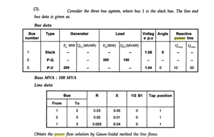 Solved (3). Consider the three bus system, where bus 1 is | Chegg.com