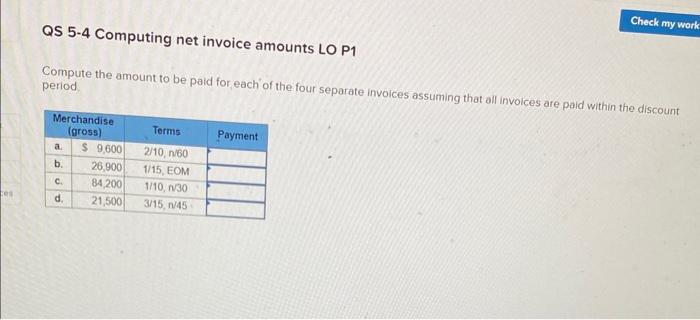 Solved QS 5-4 Computing net invoice amounts LO P1 Compute | Chegg.com