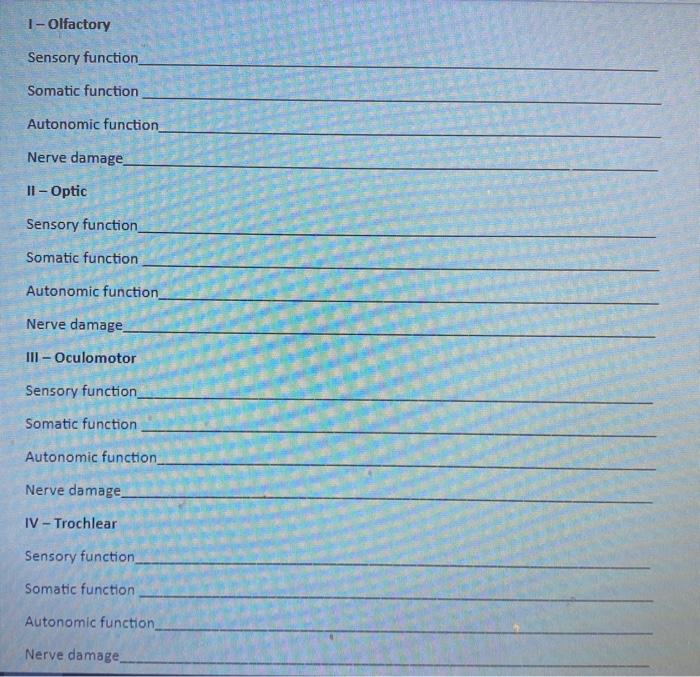 Solved 1 - Olfactory Sensory function Somatic function | Chegg.com