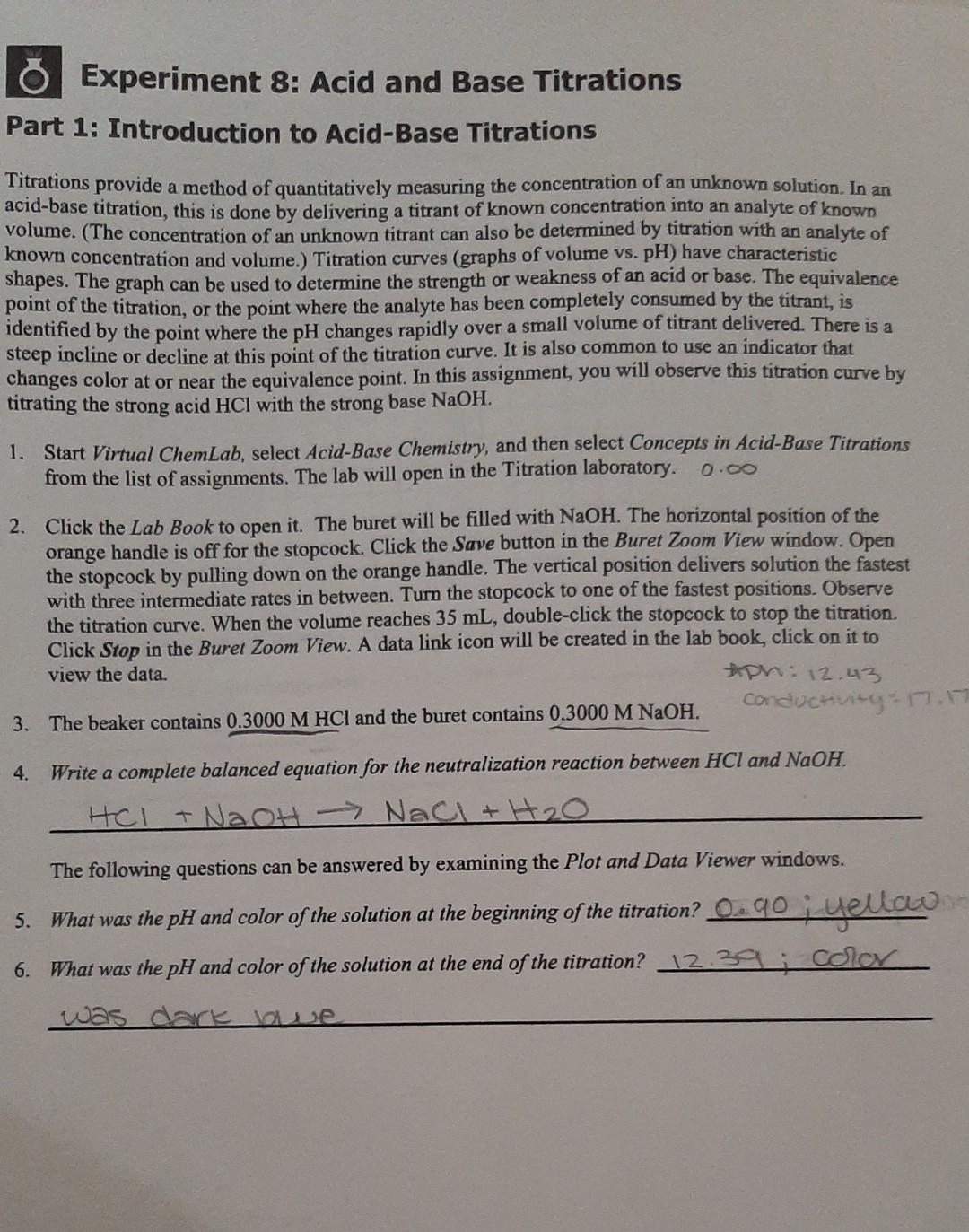 Solved Experiment 8: Acid and Base Titrations Part 1: | Chegg.com