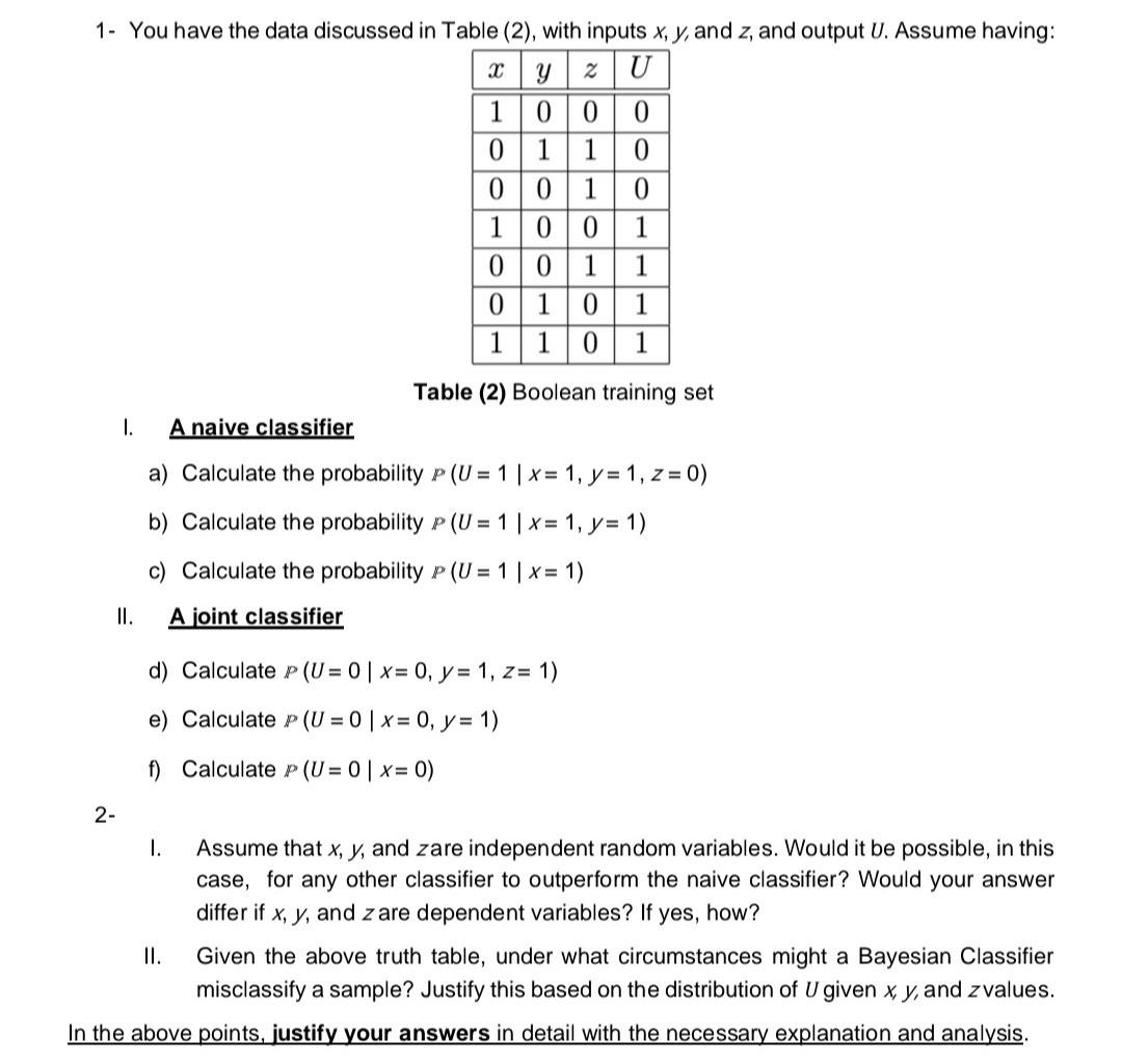 Solved Table (2) Boolean training set I. A naive classifier | Chegg.com