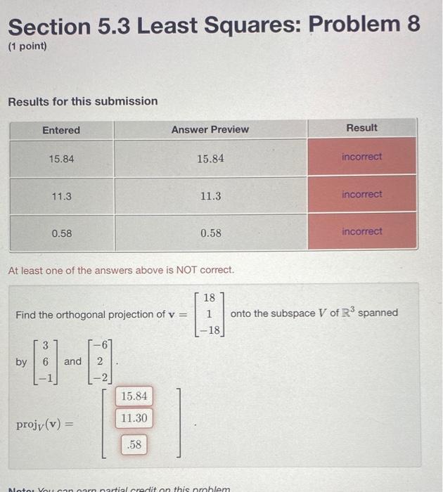 Solved Section 5.3 Least Squares: Problem 8 (1 point) | Chegg.com