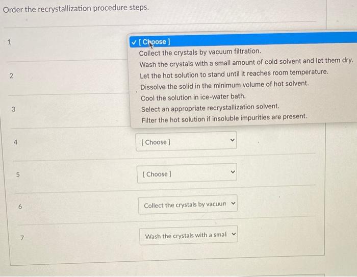 Solved Order the recrystallization procedure steps. 1 N | Chegg.com