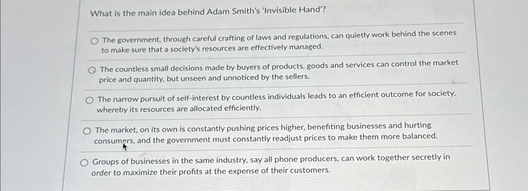Solved What is the main idea behind Adam Smith's 'Invisible | Chegg.com