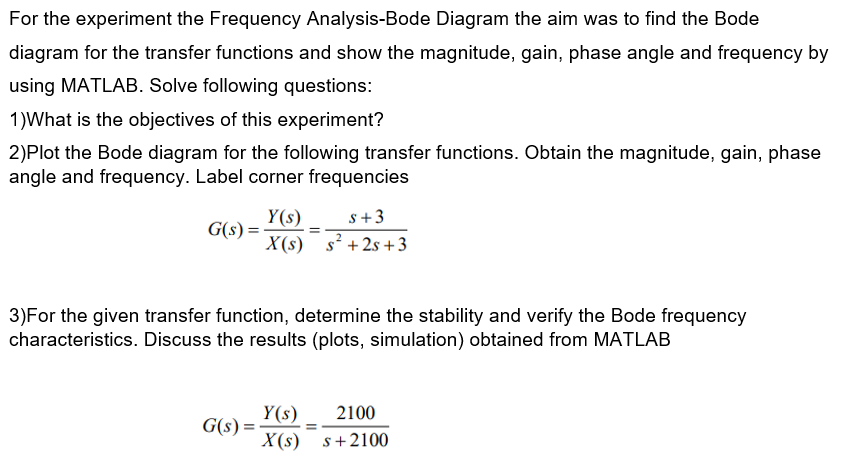 Solved For the experiment the Frequency Analysis-Bode | Chegg.com