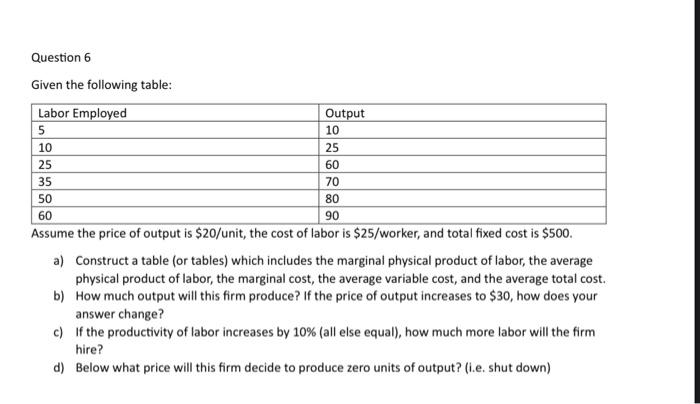Solved Question 6 Given the following table: Assume the | Chegg.com