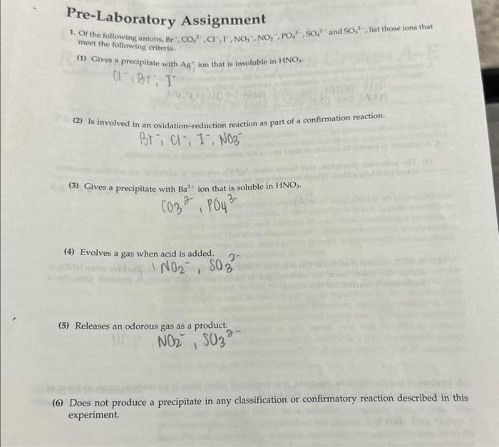 Solved Pre-Laboratory Assignment 1. Of the following anions, | Chegg.com