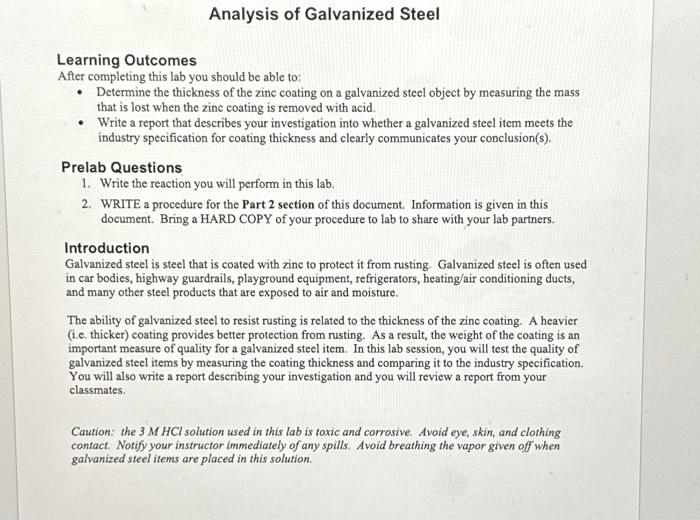 Solved Analysis of Galvanized Steel Learning Outcomes After | Chegg.com
