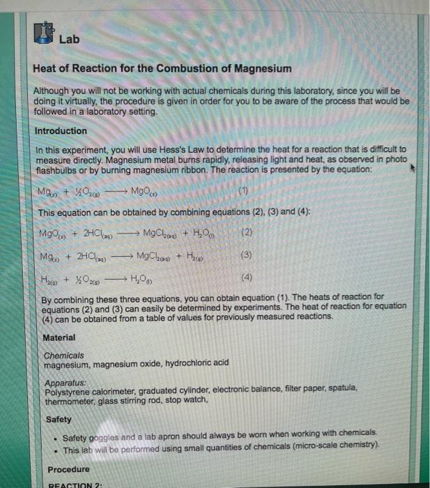 Solved Heat of Reaction for the Combustion of Magnesium | Chegg.com