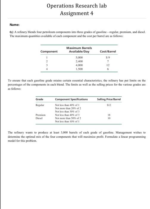 Solved Operations Research lab Assignment 4 Name: Q.) A | Chegg.com