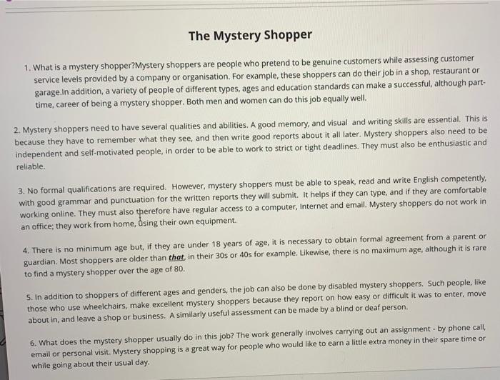 Solved The Mystery Shopper 1. What is a mystery shopper? | Chegg.com
