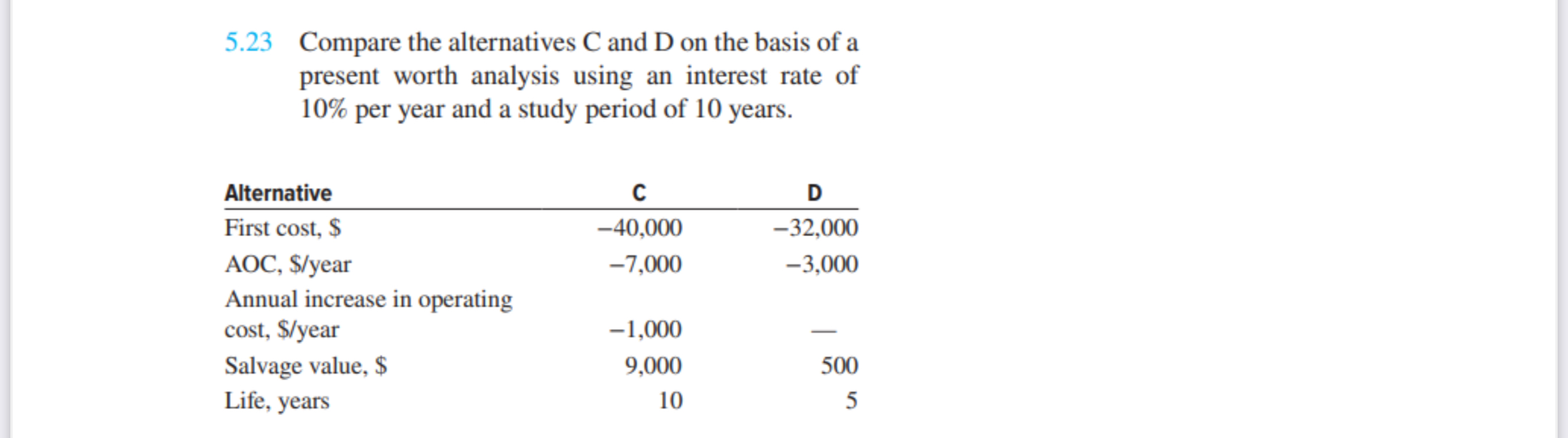 Solved 5.23 ﻿Compare the alternatives C and D on the basis | Chegg.com
