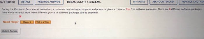 Solved (0/1 Points] DETAILS PREVIOUS ANSWERS BBBASICSTAT8 | Chegg.com